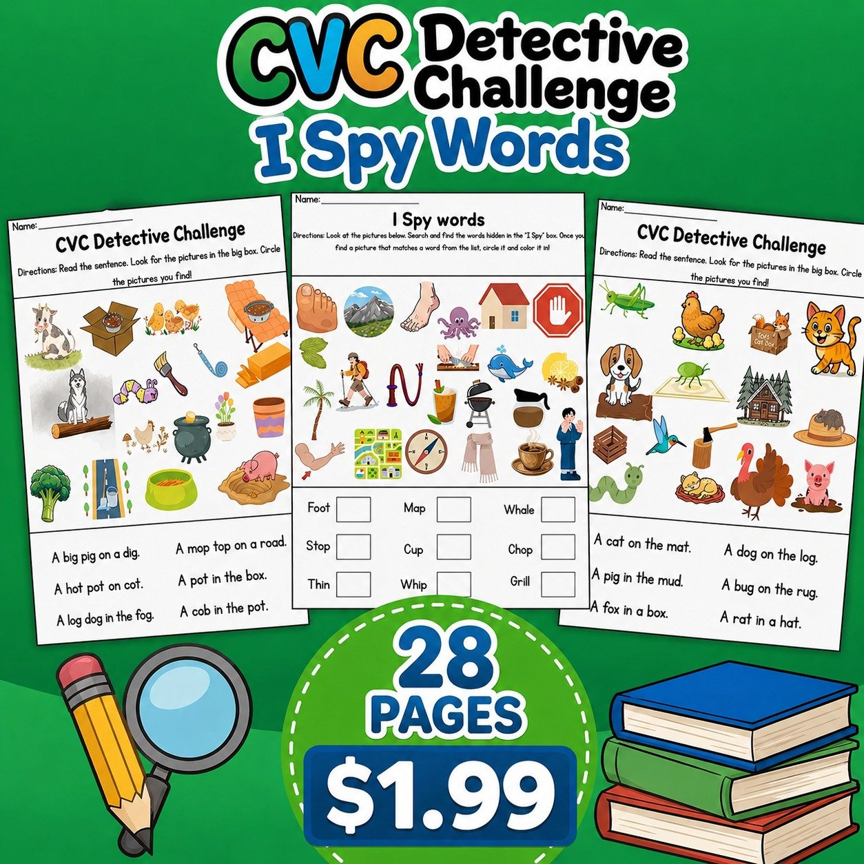 CVC Detective Challenge & I Spy Words Worksheets - ABC Kindergarten